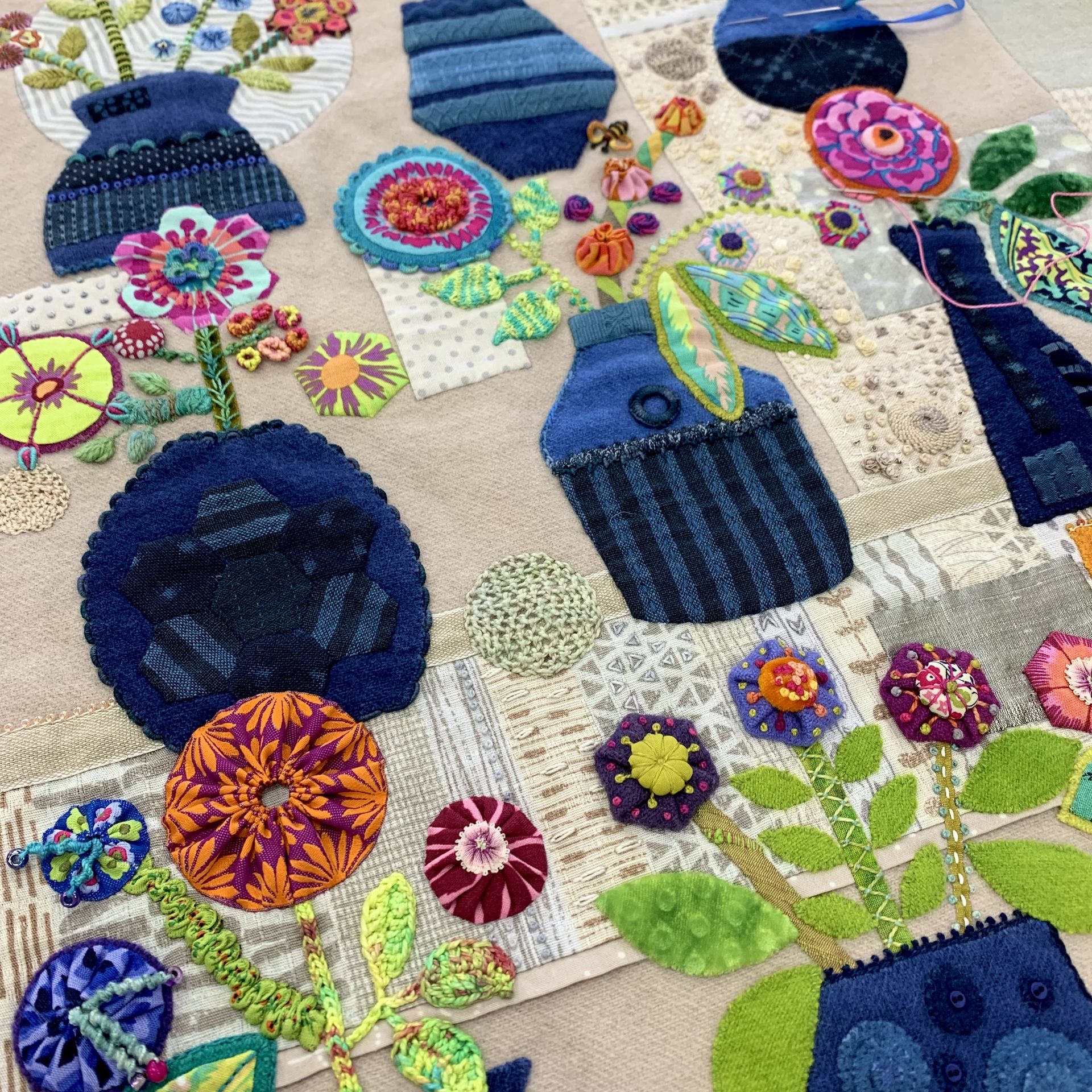 Indigo Vases - 5 Days | Sue Spargo Folk Art Quilts