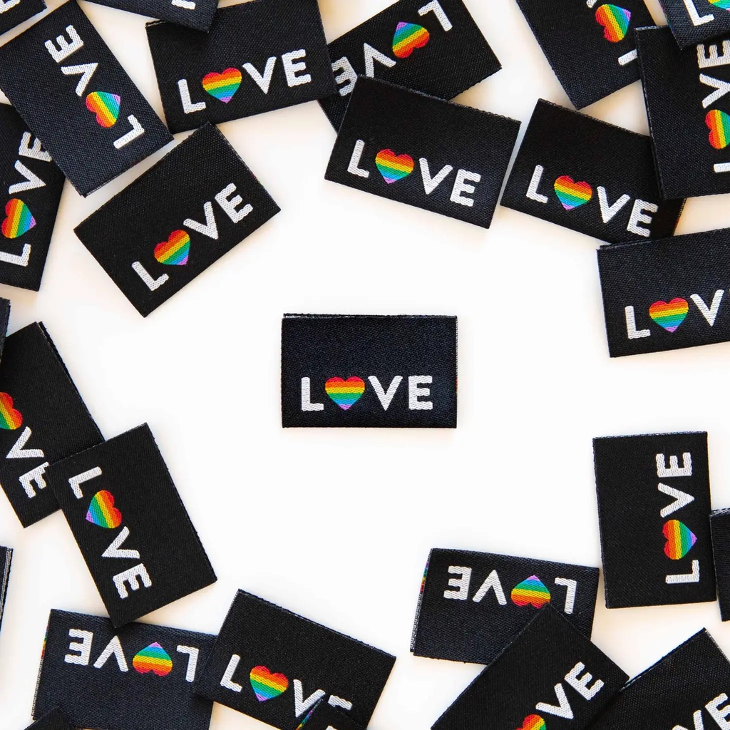 "Love Pride Heart" Sewing Woven Labels, 8pk | Sue Spargo Folk Art Quilts