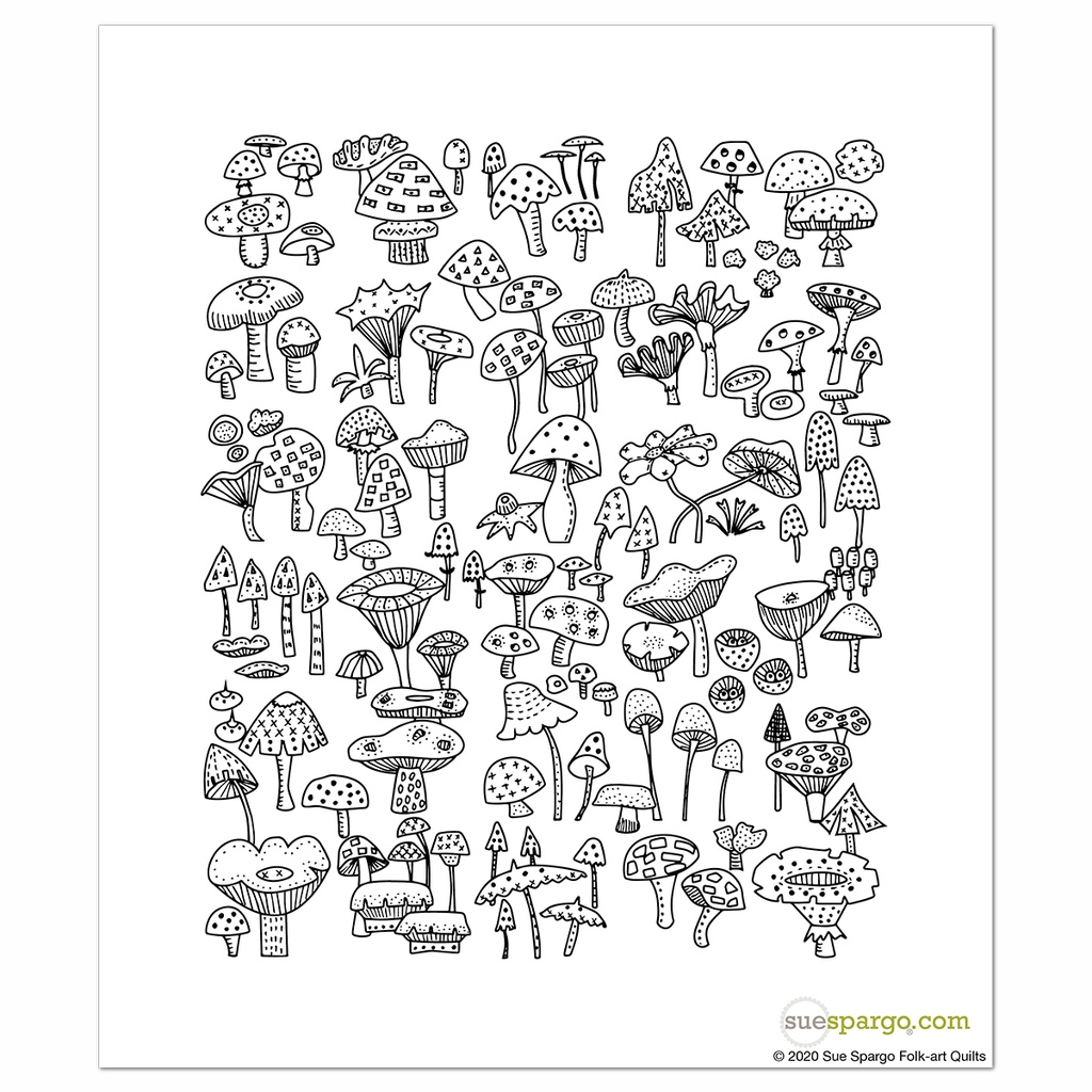 Shroom Boom, Belgian Linen Embroidery Panel | Sue Spargo Folk Art Quilts